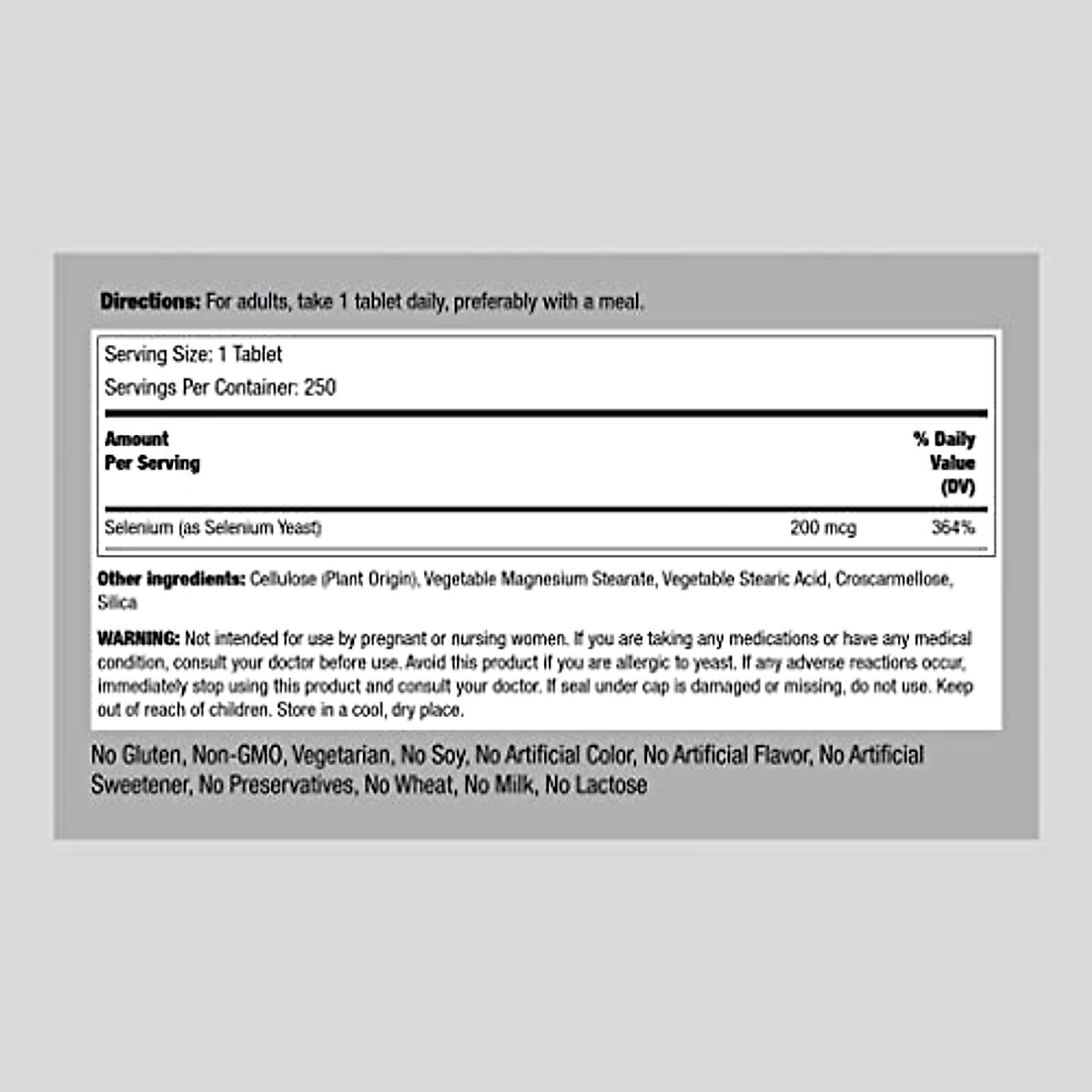 Selenium 200 mcg | 250 Tablets | Vegetarian, Non-GMO, Gluten Free Supplement | by Piping Rock