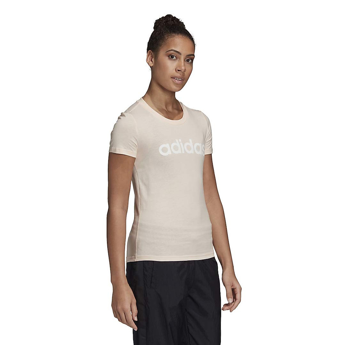 adidas womens Essentials Linear Tee Pink Tint/White X-Small