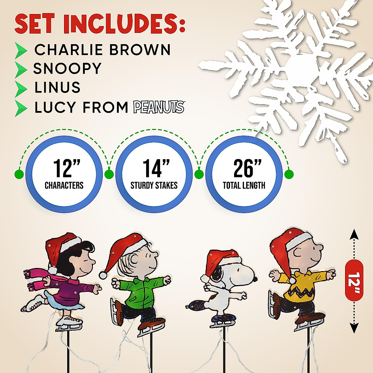 PRODUCTWORKS 12-Inch Peanuts 2D Pre-Lit Yard Art with 40 LED Lights Flat PVC Christmas Pathway Markers with Lucy, Linus, Snoopy and Charlie Brown