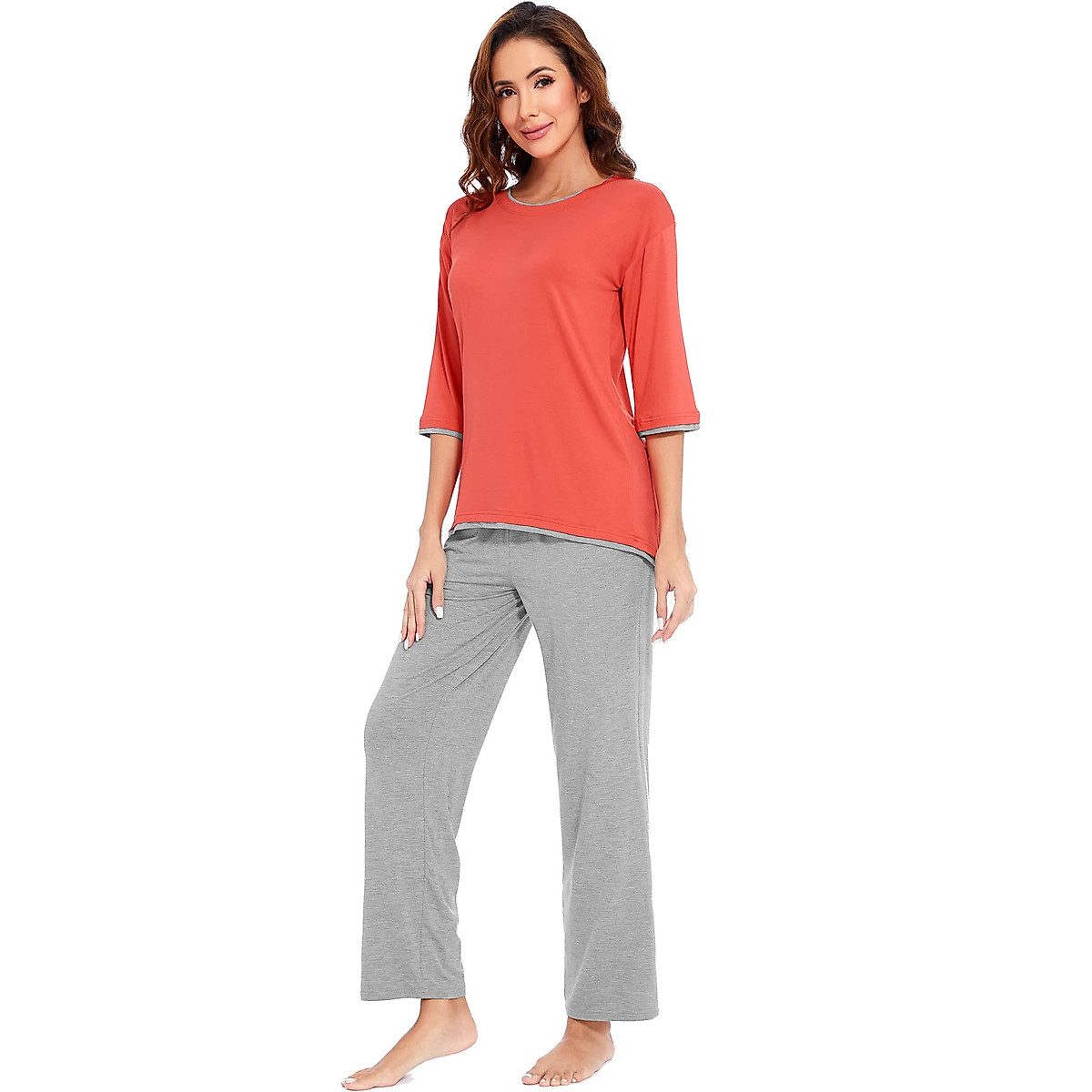 WiWi Womens 3/4 Sleeve Pajamas Set Soft Viscose from Bamboo Top with Pants Sleepwear Plus Size Lightweight Pjs S-4X, Coral+Heather Grey, Large
