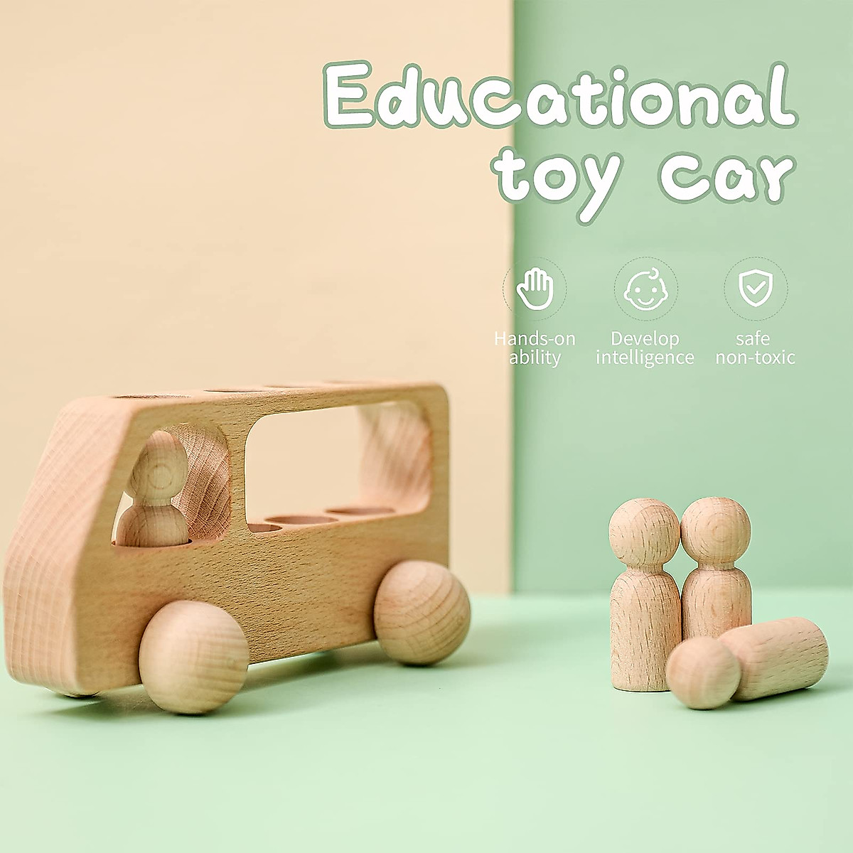 4 Wooden Figures in The Bus - Peg Dolls Unfinished Wooden Peg People Cars Wooden Figures Shape Preschool Learning Educational Toys Montessori Toys for Toddlers