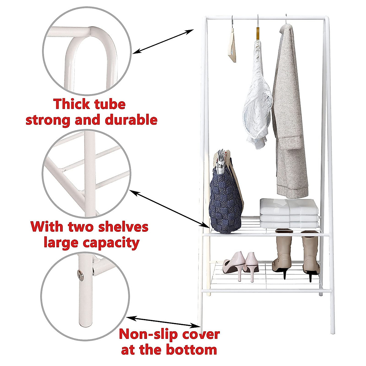 Jecpuo White Garment Rack Clothes Rack with Shelves Heavy Duty Metal Garment Rack for bedroom clothing rack (White)