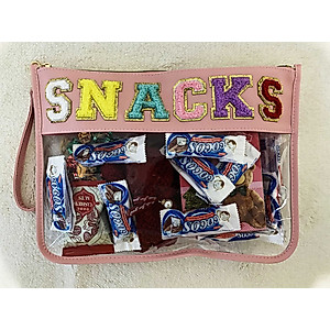 HAIBOLAN Chenille Letter Clear Bag Purse Transparent Waterproof Cosmetic Makeup Travel Patch Pouch for Women Girl Teens Ladies (small-snacks)