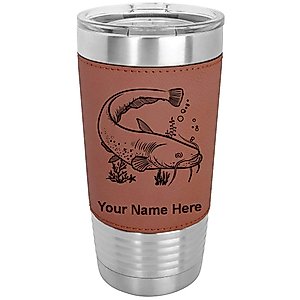 LaserGram 20oz Vacuum Insulated Tumbler Mug, Catfish, Personalized Engraving Included (Faux Leather, Dark Brown)