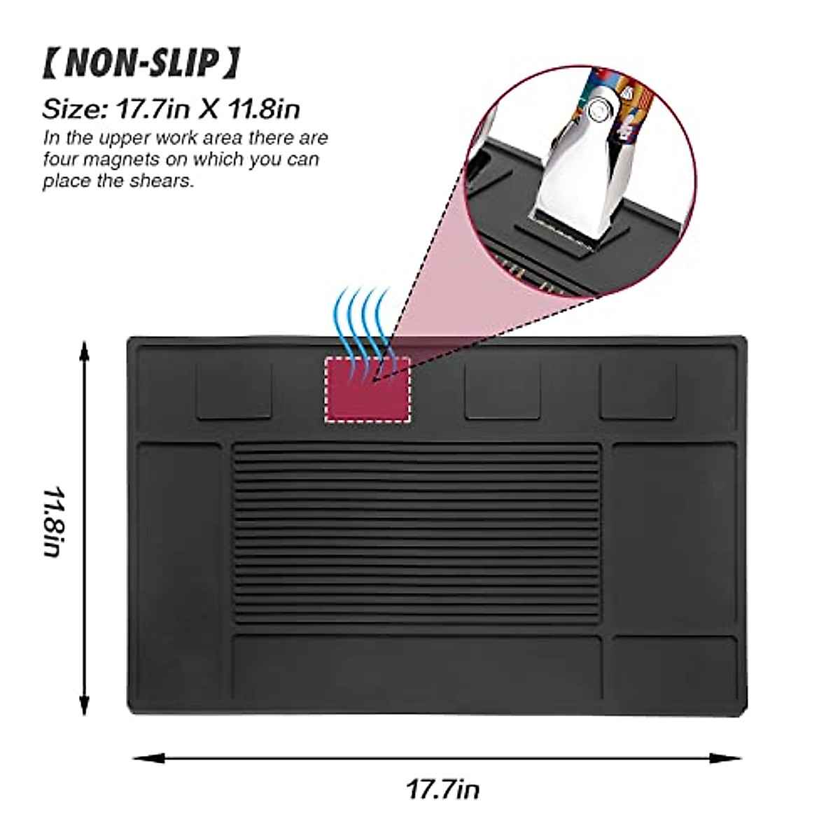 MoyRetty Magnetic Barber Organizer Mat for Clippers - Professional Anti-Slip Heat Resistant Silicone Pad with Salon Station Accessories for Hair Stylist Clippers Supplies (Black)