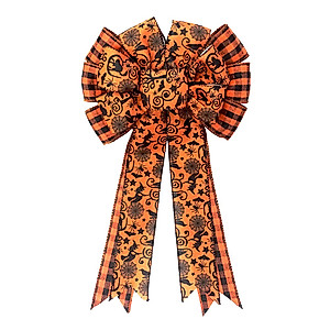 Large Halloween Witch Bats Wreath Bow, Orange Buffalo Plaid Bow for Wreath for Halloween Party Home Garden Indoor Outdoor Decoration Wreath Ornament Supplies.