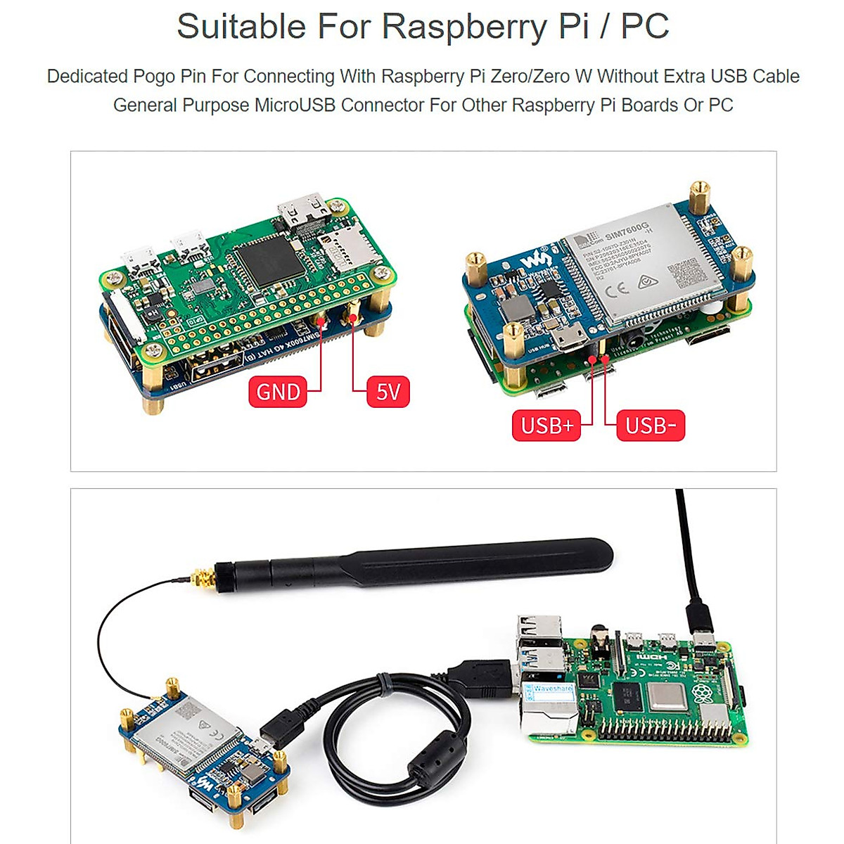 SIM7600G-H 4G HAT Module for Raspberry Pi and PC,Support LTE Cat-4 4G 3G 2G Communication and GNSS Positioning,Global Band,up to 50Mbps Uplink, 150Mbps Downlink
