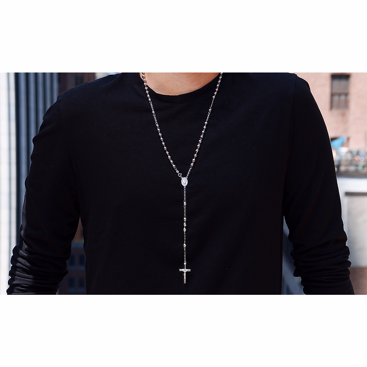 Unisex Sterling Silver Rosary Necklace Dainty 4mm-6mm Beads Handmade Italy, 24 Inch (5mm)