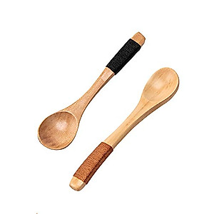 sansheng 4 Pcs Mini Wooden Spoons, Wood Soup Spoons for Eating Mixing Stirring Cooking, Handle Spoon with Japanese Style Kitchen Utensil, with Tied Line on Handle(13cm)