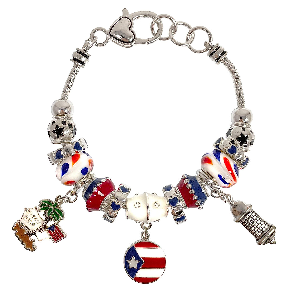 Elosee Puerto Rico Theme Murano Glass Charm Bracelet 7.5 Inch (Silver Tone)