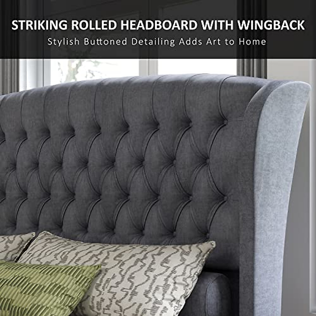 AMERLIFE Queen Size Platform Bed Frame, Velvet Upholstered Sleigh Bed with Scroll Wingback Headboard & Footboard/Button Tufted/No Box Spring Required/Grey