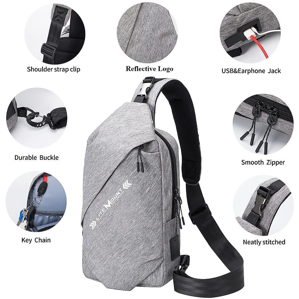 LITEMOUNT Lightweight Outdoor Crossbody Sling Backpack, Shoulder Sling Bag, Chest Backpack with USB Charging & Audio Ports (Grey)
