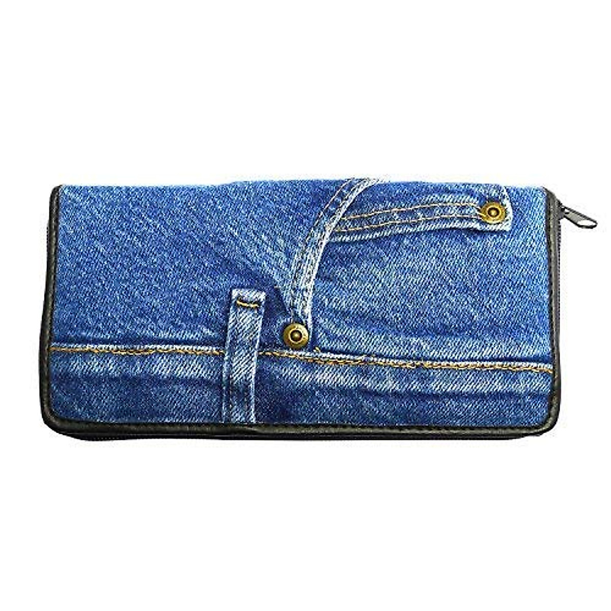 Bijoux De Ja Upcycling Blue Denim Money Zip Around Wallet Wristlet Purse Clutch for Women