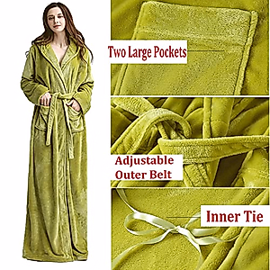 Flygo Women's Long Robe with Hood Soft Warm Full Length Sleepwear Luxurious Plush Fleece Winter Ladies Robes (X-Large, Green)