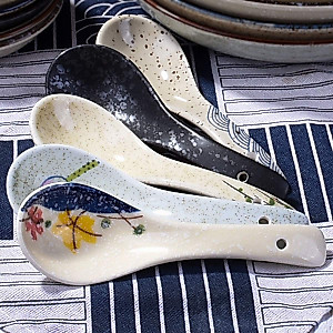 Japanese Soup Spoons Set of 5, Delicate Ceramic Spoon Asian Spoons Suitable for Soup, Gravy, Cake, Ramen, Pho, Oatmeal, Chaos, Dumplings,Salad, As A Good Gift