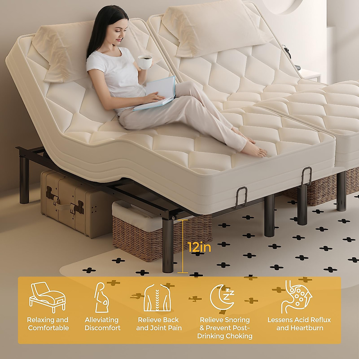 Split King Adjustable Bed Frame - Ergonomic Electric Smart Bed Base Frame with Remote, Upgraded Quiet Motor, Anti-Snore/Zero-Gravity/Memory Presets/Head and Foot Incline, Easy Assembly