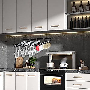 Oppro 4 Pack Wine Glass Holder, Metal Wall Mounted Glass Rack Holds 16 Red Wine Glass with Screws and 8pcs Wine Charms, Multifunctional Iron Hanging Storage Rack Under Cabinet, Black 4 Rows