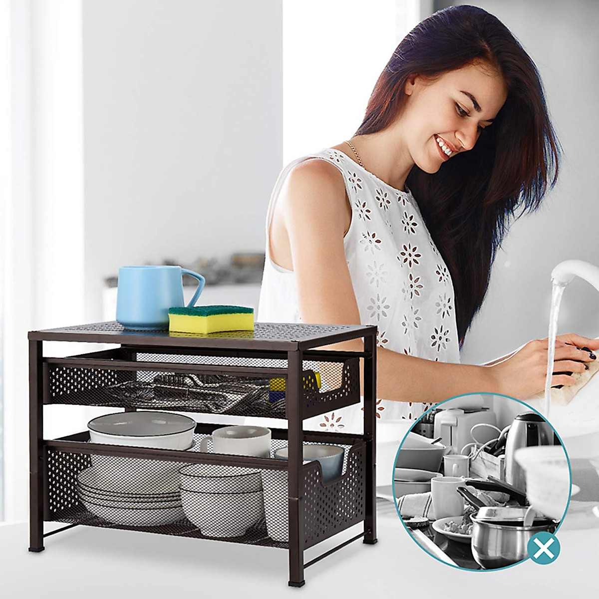 Bextsware Auledio Stackable Multi-Function Under Sink Organizer 2 Tier Sliding Basket Cabinet, Bronze