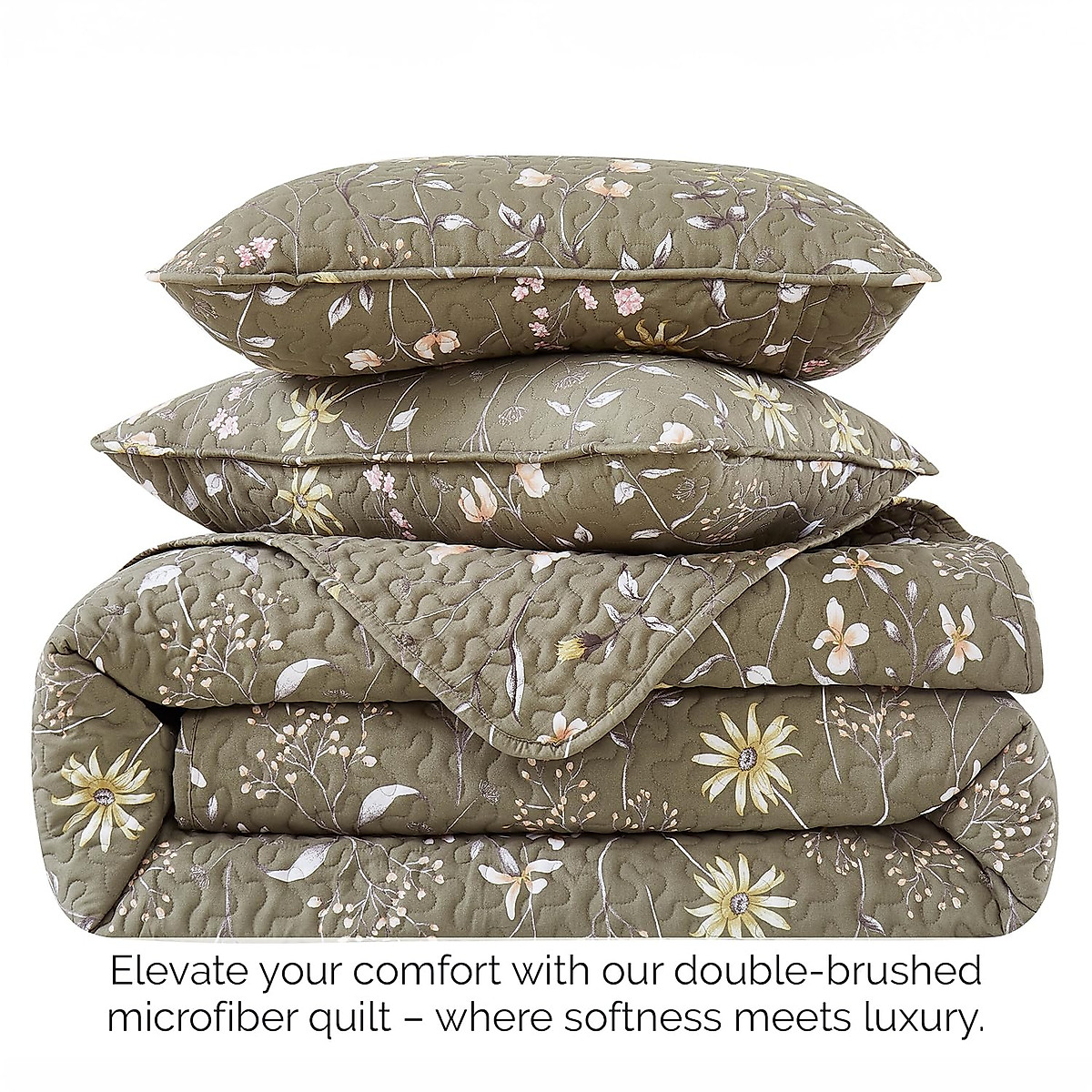 Southshore Fine Living, Inc. Oversized Queen Size Quilt Bedding Set, All Season Lightweight Bedspread, Boho Coverlet Full Size, Floral Bedding 3-Piece Set with Two Matching Shams, Full/Queen, Brown