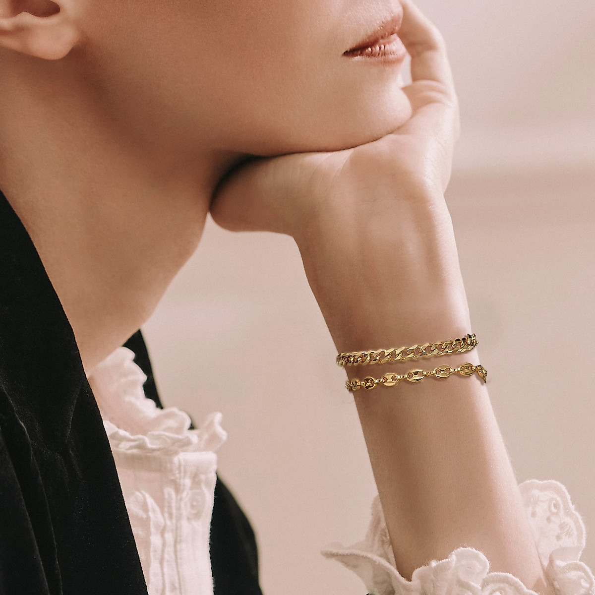 YANODA Gold Chain Bracelet 18K Gold Plated Dainty Cuban Bracelet Coffee Bean Bracelets Set for Women Minimalist Layering Stacking Handmade Bracelet Gift for Women