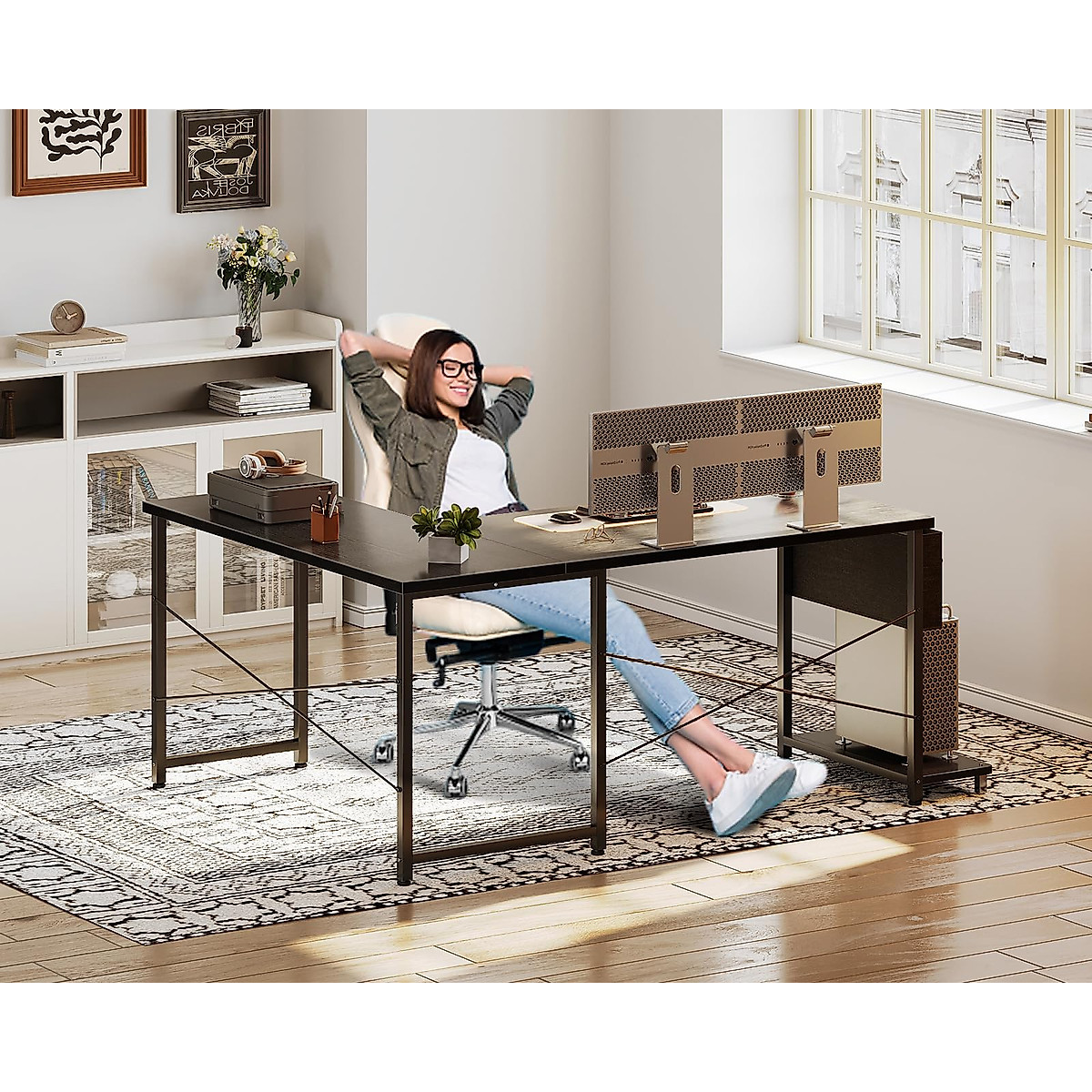 Casaottima 50 inch L Shaped Desk, Computer Desk with Removable PC Stand, Reversible Home Office Desk with Storage Bag for Gaming Writing, Corner Desk for Bedroom, Small Space, Black