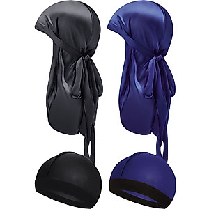 4 Pieces Kids Silky Durag with Wave Caps Set Unisex Baby Durags Long Tail and Wide Strap Headwraps Turban Beanies (Black, Navy Blue)