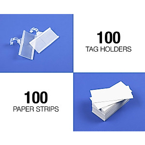 Pack of 100 – Plastic Wire Shelf Label Holder, Sign and Ticket Holder, Easy Clip Design with Tight Snap Lock Closure. Height, 1-1/4" X Width, 3" | 100 Label Inserts Included