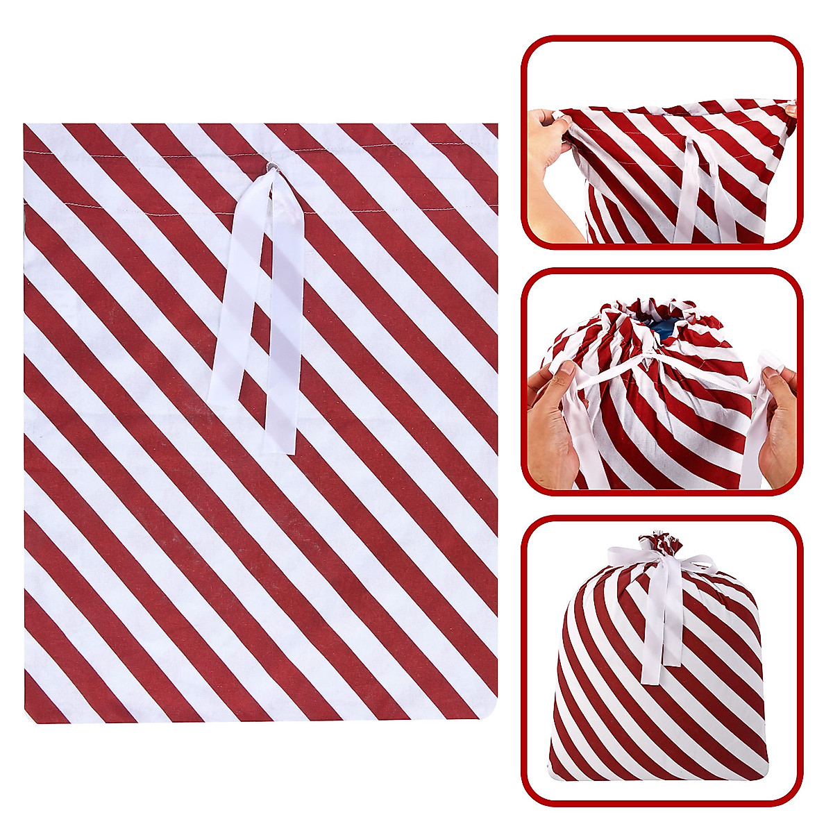 JOYIN 6 PCS Red Christmas Fabric Gift Bags with 5 Designs Xmas Cotton Fabric Drawstring Bags for Xmas Decor, Christmas Goody Bags, Xmas Party Favors, Storing Christmas Gifts Parties