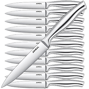 Aiheal Steak Knives, Stainless Steel Steak Knives Set of 12, Never Needs Sharpening Dinner Steak Knife Set, 4.5 Inch Sharp Micro Serrated Steak Knives