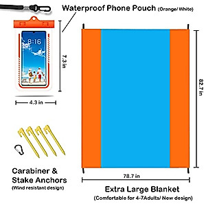 Gold Roc Sandless Beach Blanket & Waterproof Phone Pouch, Extra Large Outdoor Picnic Mat, Pocket Camping Mat for Travel, Camping, Hiking (Blue-Orange, Large)