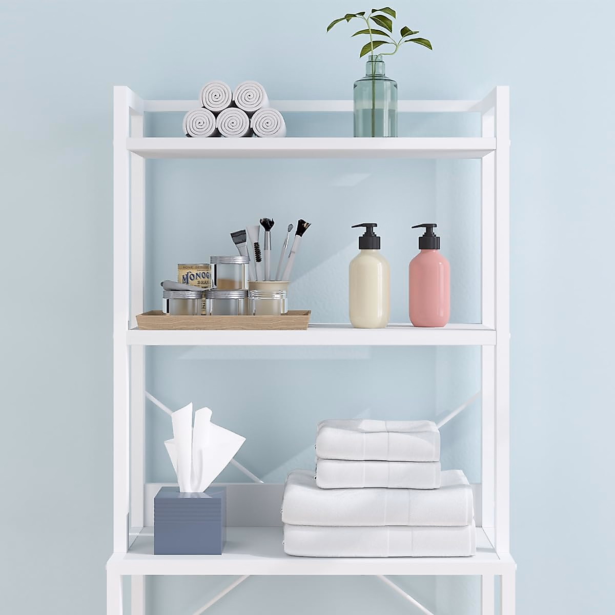 Launica Over Toilet Storage Shelf, Industrial Metal Bathroom Shelves Over Toilet, Modern Wooden 3 Tier Above The Toilet Storage Rack, Freestanding Space Saver Bathroom Organizer Over Toilet, White Oak