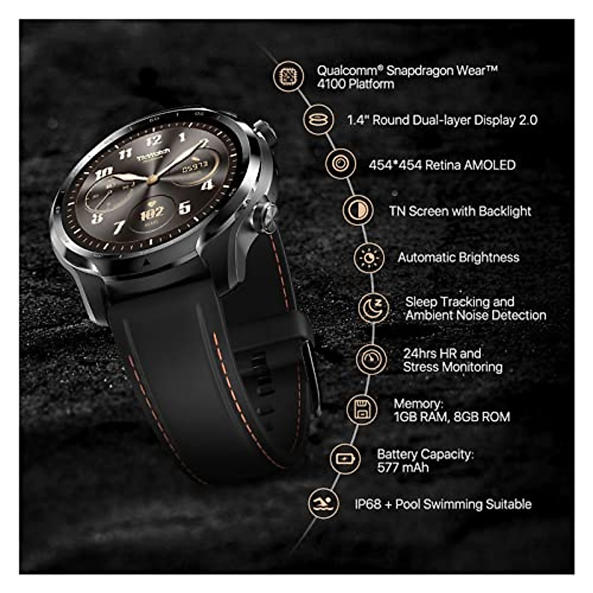 JAITEA Pro 3 GPS Wear OS Smartwatch Men's Sports/Smartwatch Double Layer Display Goldfish Grass Wear 4100 8GB Men