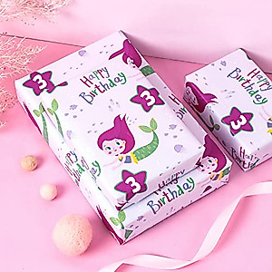 WRAPAHOLIC 3rd Birthday Wrapping Paper - Mini Roll - 17 Inch X 16.5 Feet - Adorable Mermaid and Happy Birthday Lettering Design for Party, Baby Shower