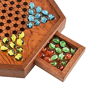 Upgraded Wooden Chinese Checkers with Drawers 12.7 Inches Wooden Board Game Includes 72 Colorful Glass Marbles Easy Grasping for Adults and Kids