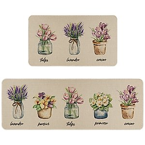 Eikunn Floral Kitchen Rugs and Mats Set of 2, Lavender Tulip Flower Kitchen Rug for Floor, Non-Slip Washable Comfort Standing Kitchen Sink Runner Rug Holiday Kitchen Accessories