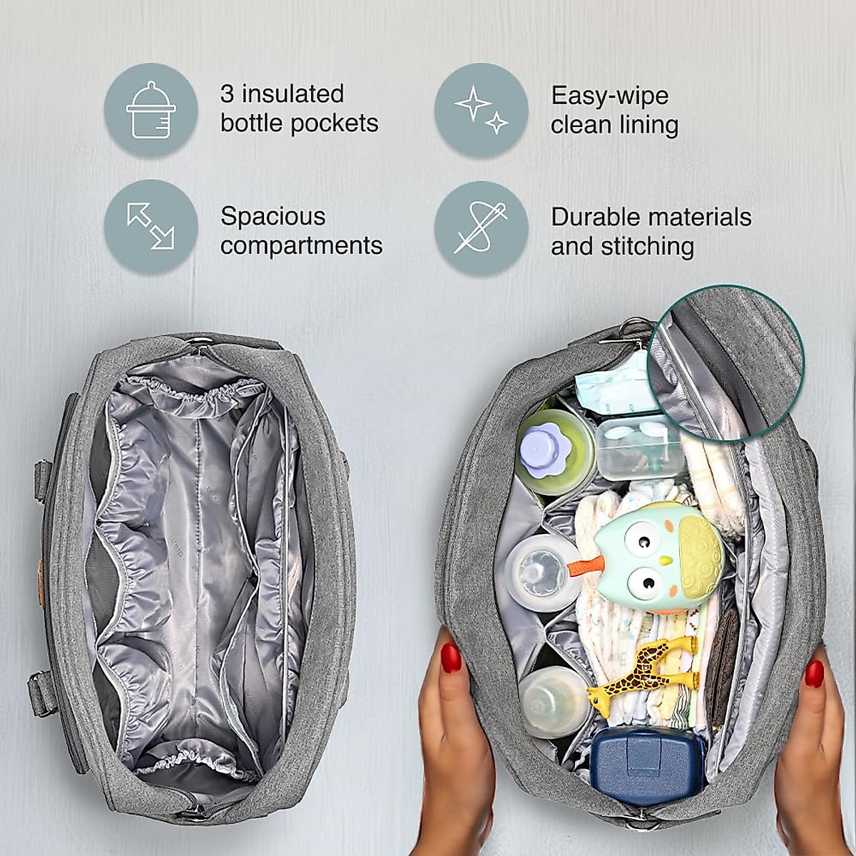 WELAVILA Diaper Bag Tote Large Convertible Baby Bags with Changing Pad & Insulated Pockets for Mom & Dad - Travel Diaper Tote Grey Diaper Tote Bag - Multifunction Baby Diaper Bag - Diaper Duffle Bag