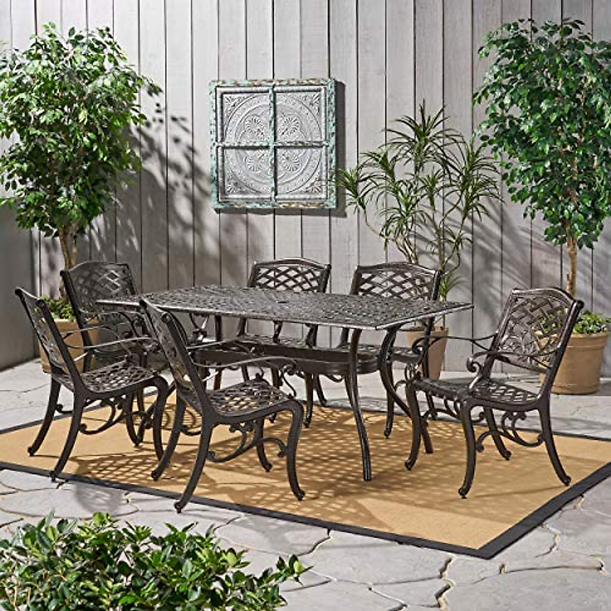 Christopher Knight Home Hallandale Outdoor Sarasota Cast Aluminum Rectangular Dining Set, 7-Pcs Set, Hammered Bronze