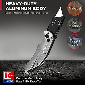 WORKPRO Folding Utility Knife, Heavy Duty Metal, Quick Open Axis Lock Box Cutter, Quick Change Blade Razor Knife, 1PC with 10 Extra SK5 Blades