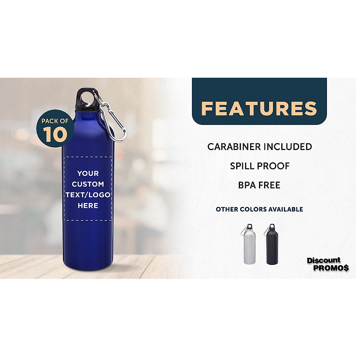 DISCOUNT PROMOS Custom Aluminum Water Bottles with Carabiner 24 oz. Set of 10, Personalized Bulk Pack - Perfect for Gym, Hiking, Camping, Running, Mountain Bike, Outdoor Sports - Met Blue