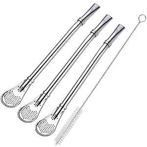 Yerba Mate Bombilla Gourd Drinking Filter Straws 304 Food-Grade Stainless Steel 6.1 inch Long Spoon Bombillas Straws for Mate Tea Set of 3 with Cleaning Brush (silver)