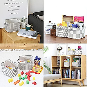 Sea Team Foldable Mini Square New Grey and White Geometric Theme 100% Natural Linen & Cotton Fabric Storage Bins Storage Baskets Organizers for Shelves & Desks - Set of 4 (Grey)
