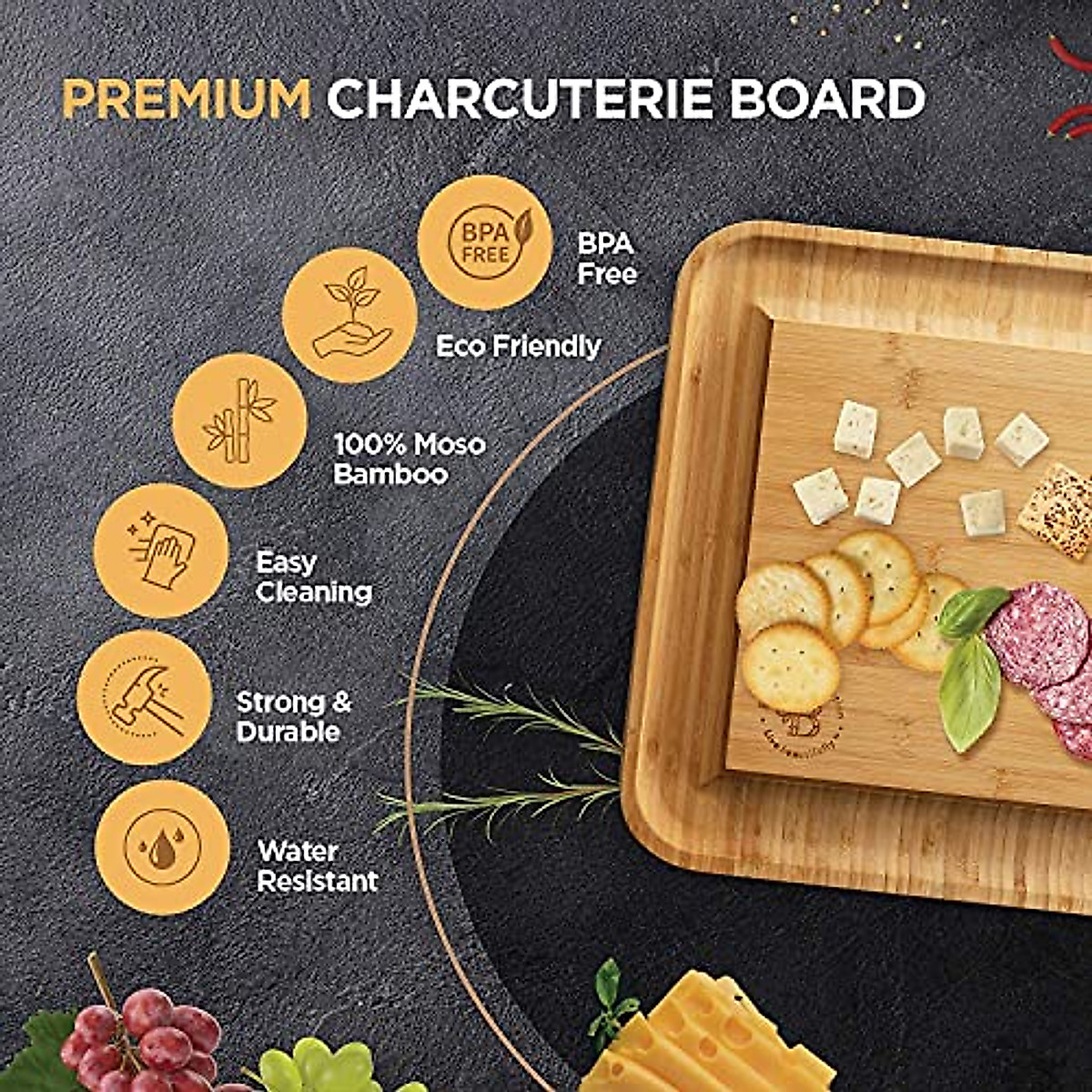 Cheese Board and Knife Set - Premium Quality Bamboo Charcuterie Platter for Slicing Cheese, Meat, Fruits, Vegetables - Hidden Drawer with 4 Stainless Steel Cutting and Serving Utensils - by Weegee