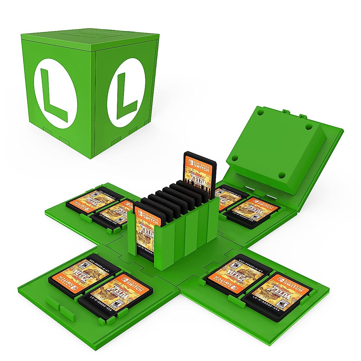 UFOPETIE Game Storage Box for Switch Game Cards Mario Games Cube,Up to 16 Games,Foldable Nintendo Switch Game Card Case Cube Nintendo Switch Game Storage Box-Green L