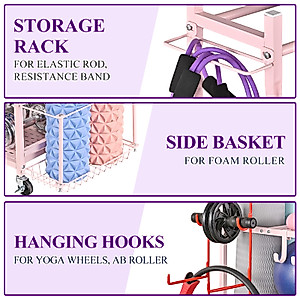 Mythinglogic Yoga Mat Storage Racks,Home Gym Storage Rack for Dumbbells Kettlebells Foam Roller, Yoga Strap and Resistance Bands, Workout Equipment Storage Organizer With Hooks and Wheels