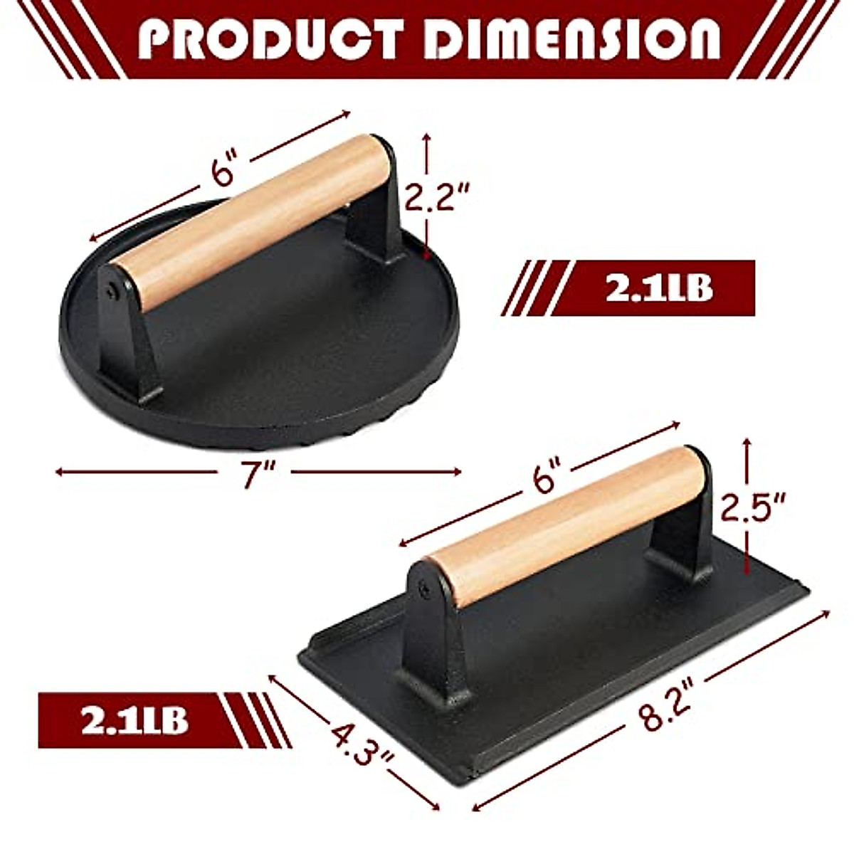 HaSteeL 2Pcs Cast Iron Bacon Press, Smash Burger Press for Teppanyaki Flat Top Griddle, Heavy Duty Round 7In & Rectangular 8x4In Grill Press, Perfect for BBQ Meat, Paninis, Tortilla, Steak, Sandwich