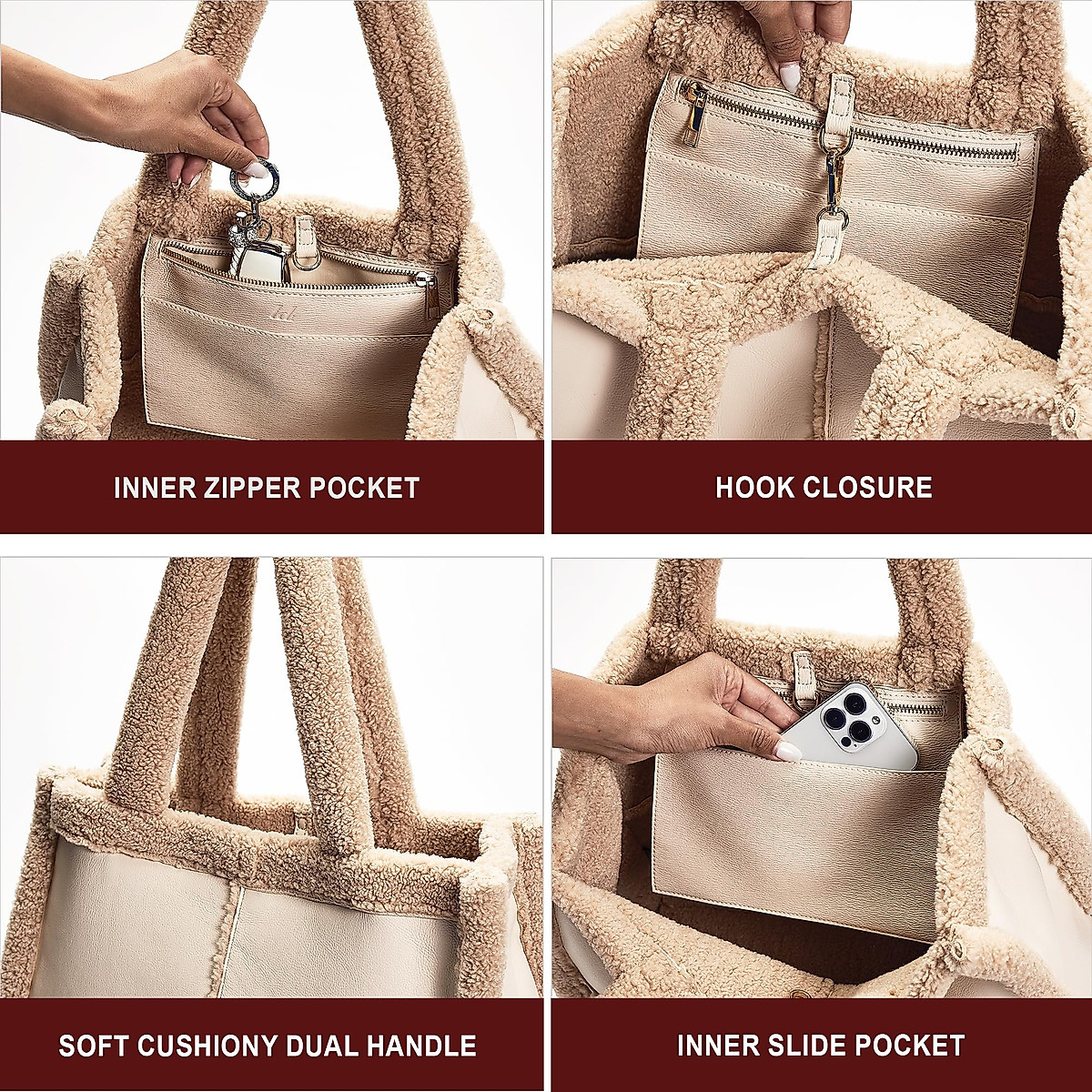 Like Dreams Large Sherpa Tote Bag, Inner Pocket Vegan Leather, Large Tote Hand bags for Women, Fashion Winter Purse (Ivory)