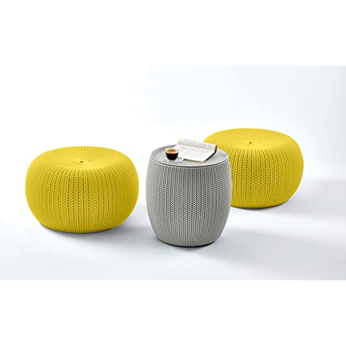 Keter Urban Knit Pouf Ottoman Set of 2 with Storage Table for Patio and Room Décor-Perfect for Balcony, Deck, and Outdoor Seating, Yellow & Gray
