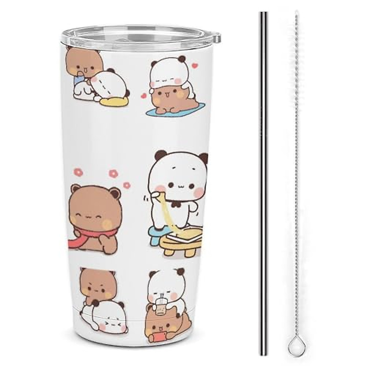 KAOQUANYA Cute Bear Panda And Dudu-2 20 Oz Covered Straw Tumbler Stainless Steel Double Wall Vacuum Insulated Travel Cup With Leak Proof Lid Stainless Steel Water Bottle Reusable Ice Hot Drinks Mug