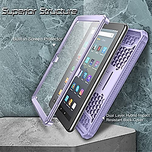 Fintie Shockproof Case for All-New Fire 7 Tablet (12th Generation, 2022 Release), [Tuatara] Rugged Unibody Hybrid Bumper Kickstand Cover with Built-in Screen Protector, Lilac Purple
