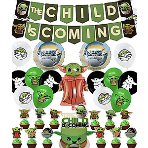 Baby Yoda The Child Is Coming Baby Shower Decorations, Baby Shower Party Supplies with Foil Baby Yoda Balloon, The Child Is Coming Banner, Cake Toppers, Balloons for Kids Boys Party